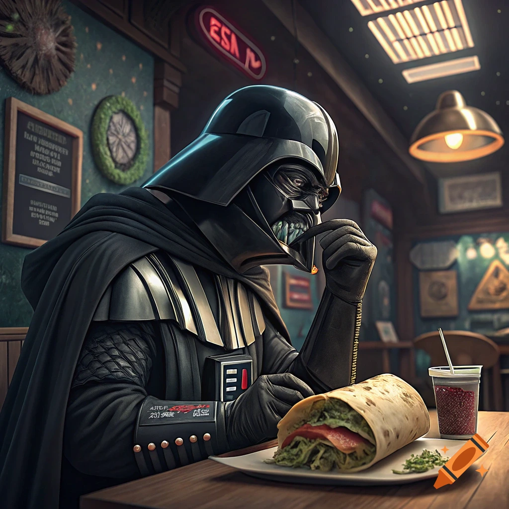 Darth Vader sits at a table in a bar, eating a large burrito. on Craiyon