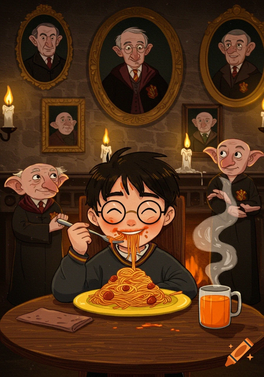 Cartoon of Harry Potter eating spaghetti at a table, watched by two ...