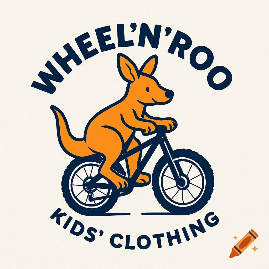 Illustration logo of an orange kangaroo riding a bicycle with text ...