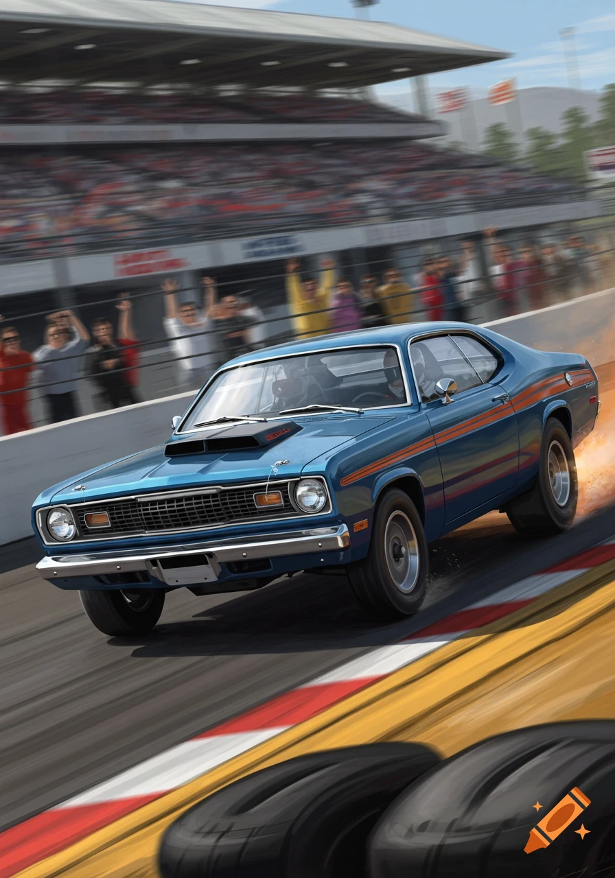 Illustrative depiction of a blue muscle car doing a wheelie at a drag ...