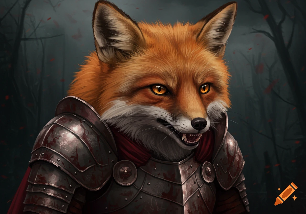 A fox wearing bloody knight armor stares intently. on Craiyon