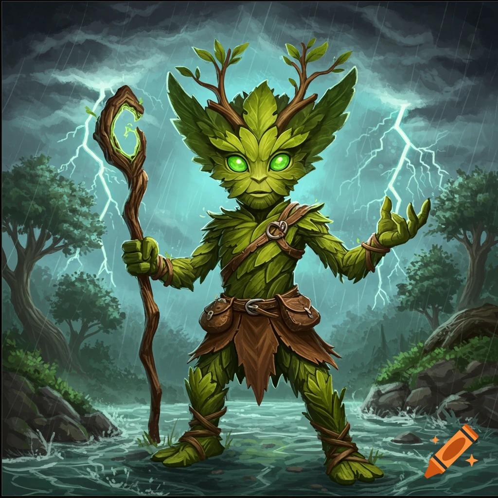 A small leafy leshy creature stands in a stream during a lightning ...