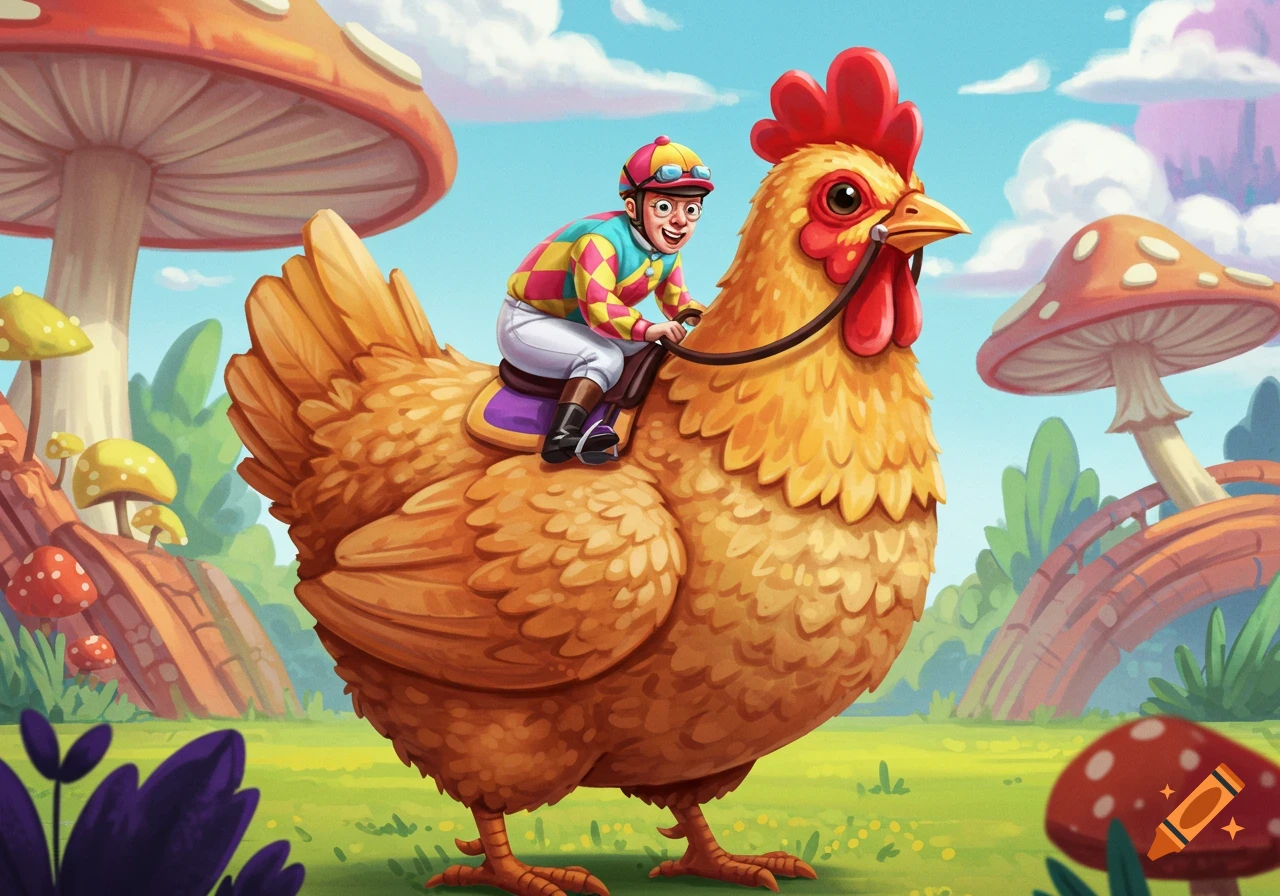 Illustration of a person in jockey silks riding a giant chicken in a ...