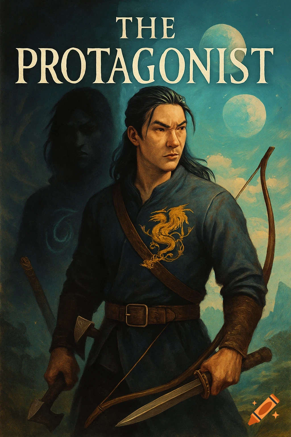 Book cover illustration of a male fantasy protagonist with weapons and ...