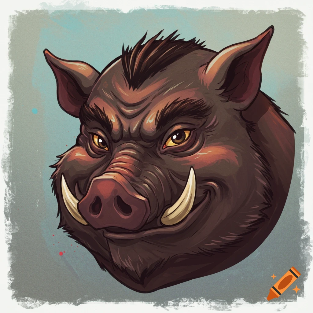 Stylized illustration of a boar's head with tusks on Craiyon