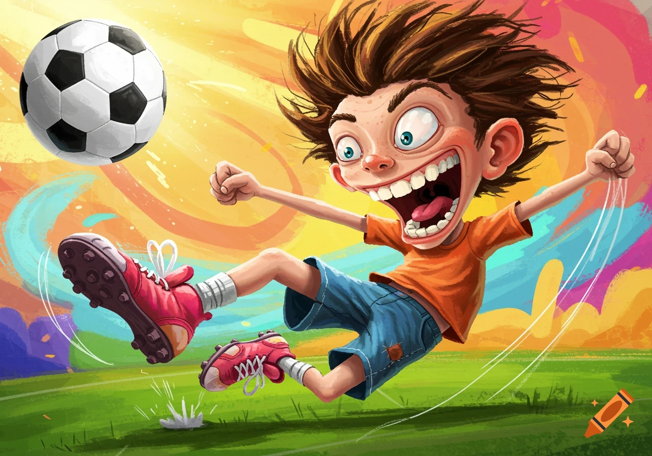 A cartoon boy with a goofy expression kicks a soccer ball on a field ...