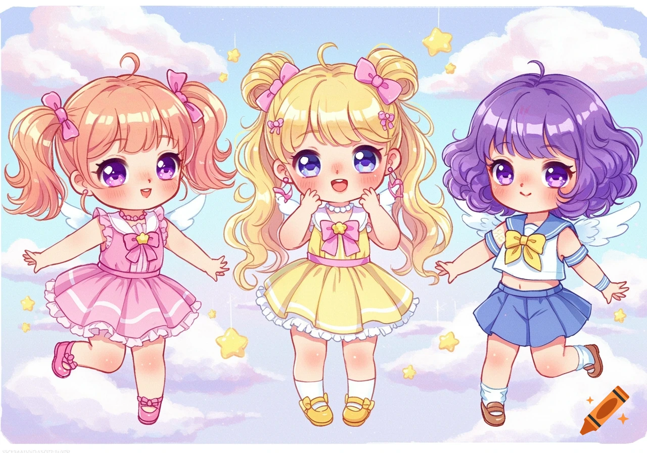 Three chibi anime girls with wings float among clouds and stars. on Craiyon