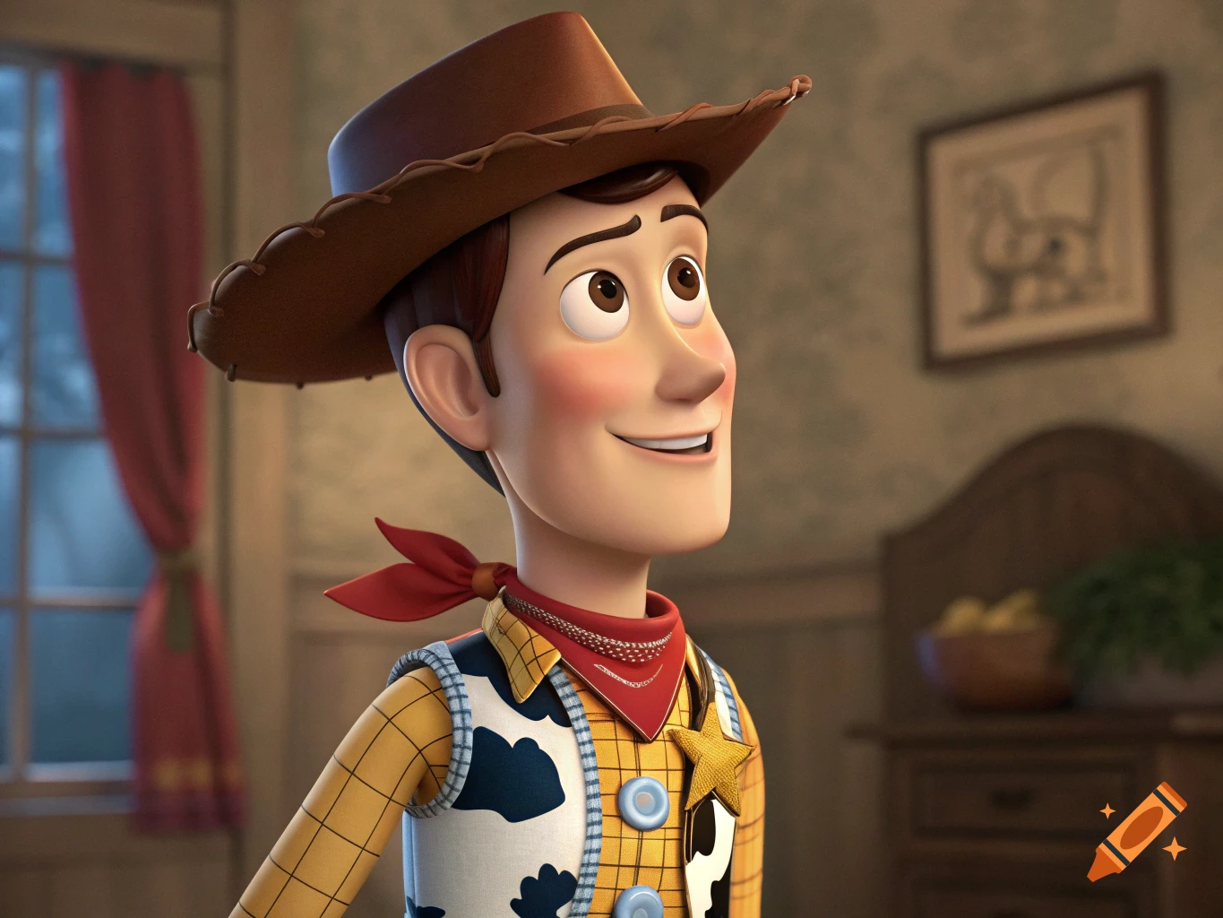 Close-up of Woody from Toy Story smiling and looking up in a room. on ...