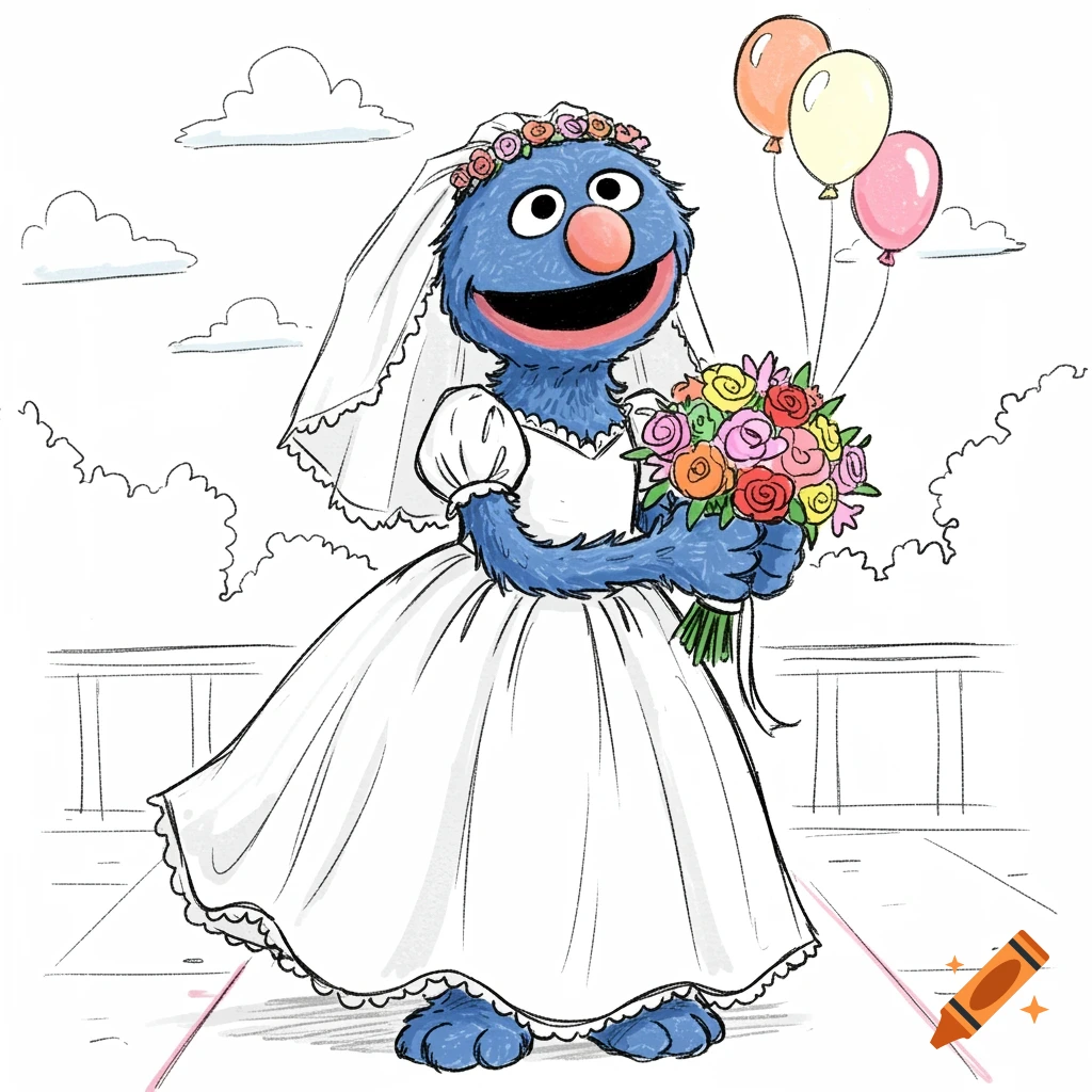 Sketch of Grover from Sesame Street in a wedding dress holding a ...