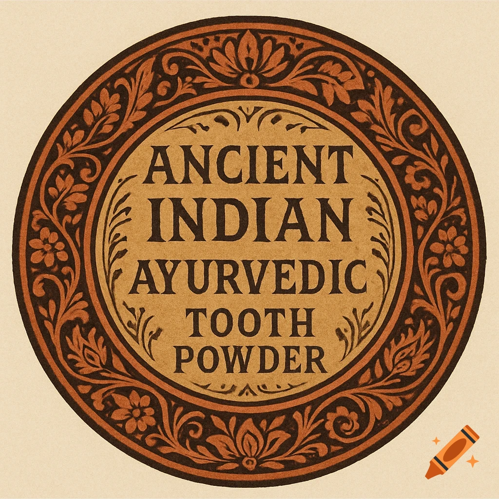 Circular vintage-style label for ancient Indian Ayurvedic tooth powder ...
