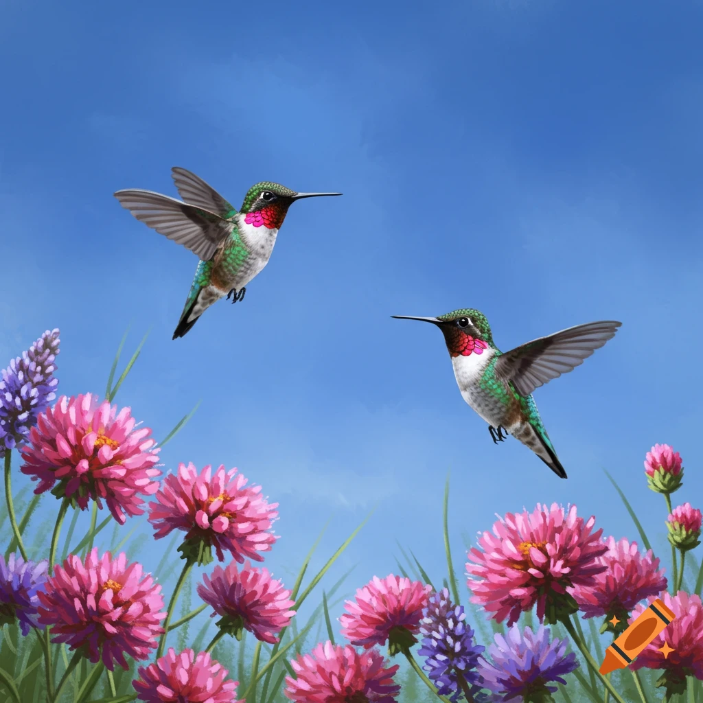Two hummingbirds fly among pink and purple flowers under a blue sky ...