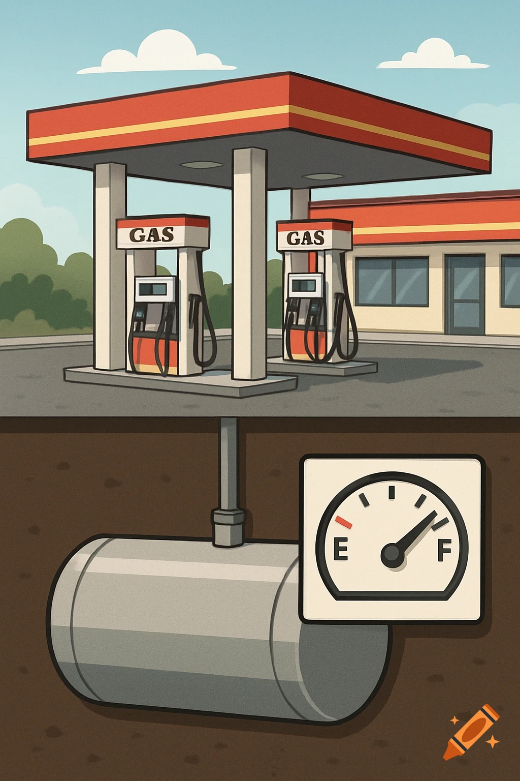 Cartoon illustration of a gas station with underground fuel tank and ...