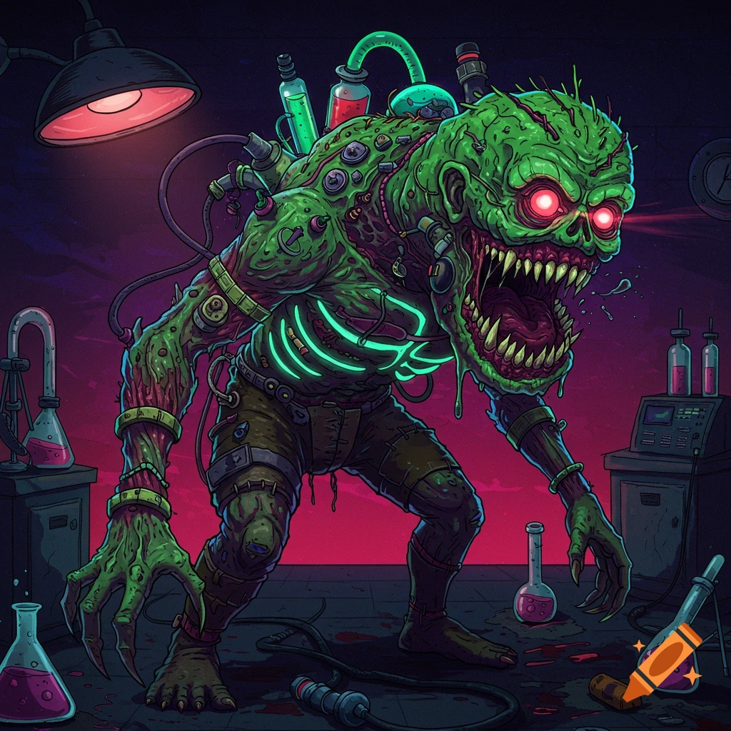A monstrous green creature covered in lab equipment stands in a ...