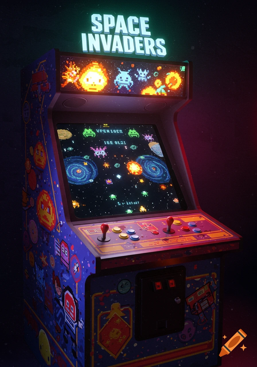 Retro arcade machine displaying Space Invaders gameplay with pixel art graphics. on Craiyon