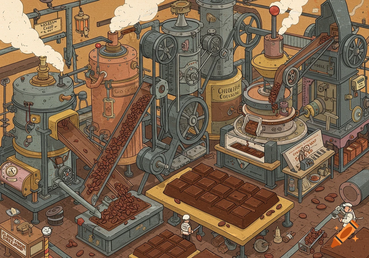 An illustration of a complex chocolate factory with intricate machinery ...