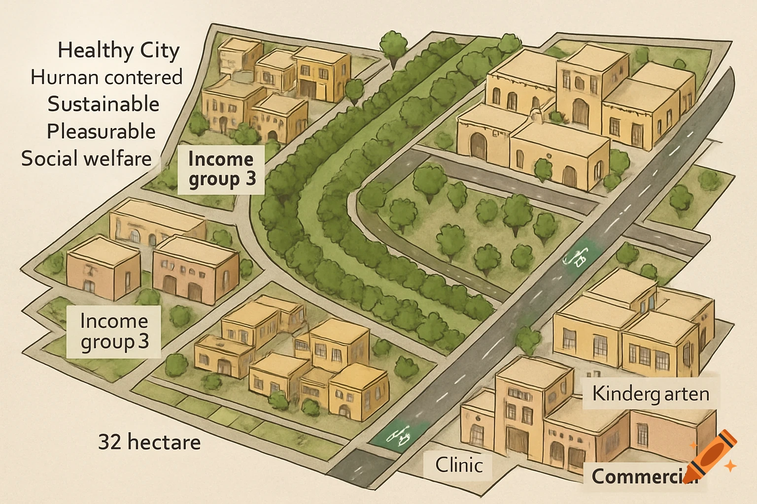 An illustrated diagram of a healthy city plan with buildings, green ...