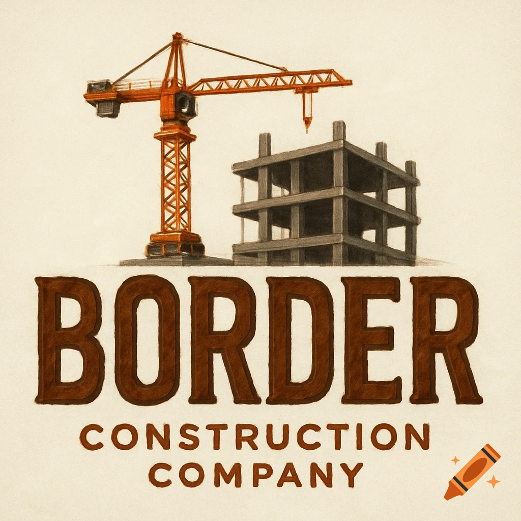 Construction logo illustration with a crane, building frame, and text 'BORDER CONSTRUCTION ...