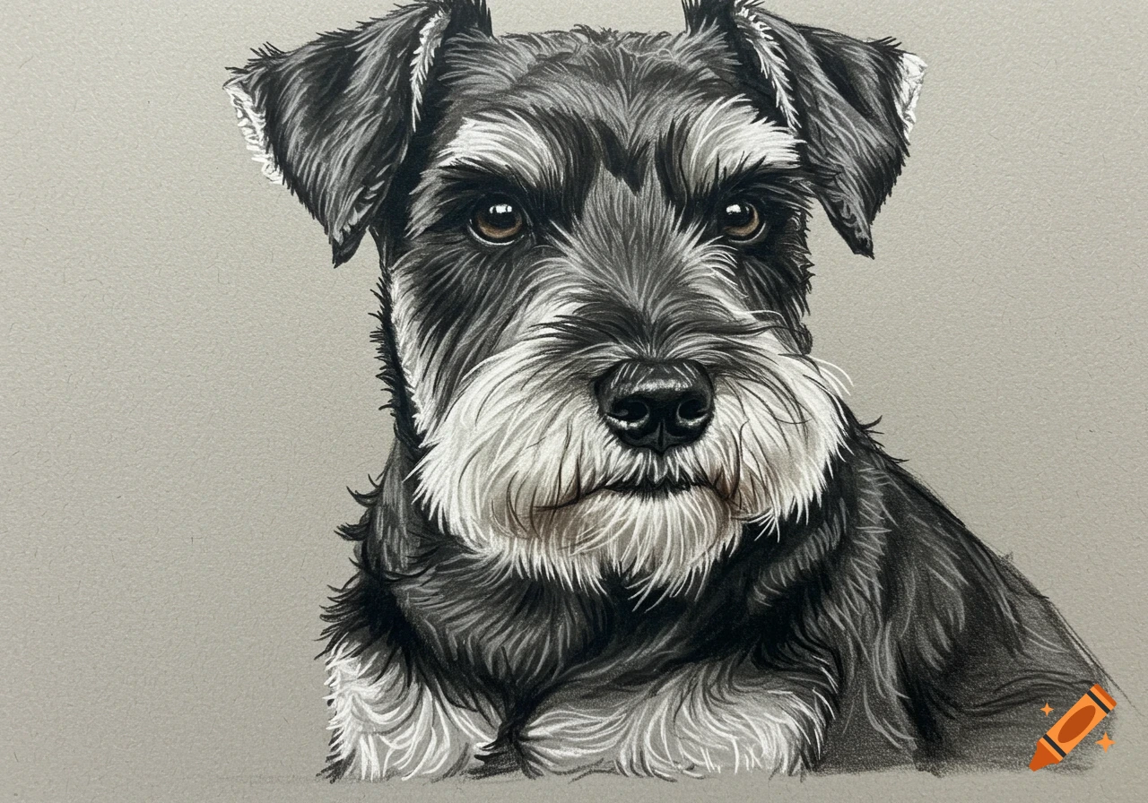 Charcoal drawing of a schnauzer dog portrait on Craiyon