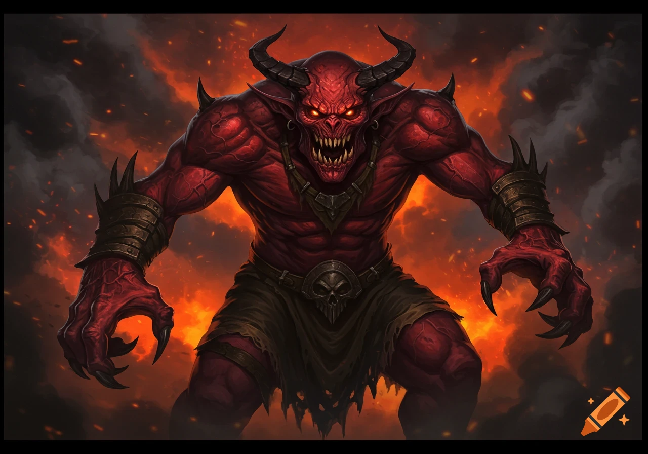 A scary red devil creature with horns and claws stands in a fiery ...
