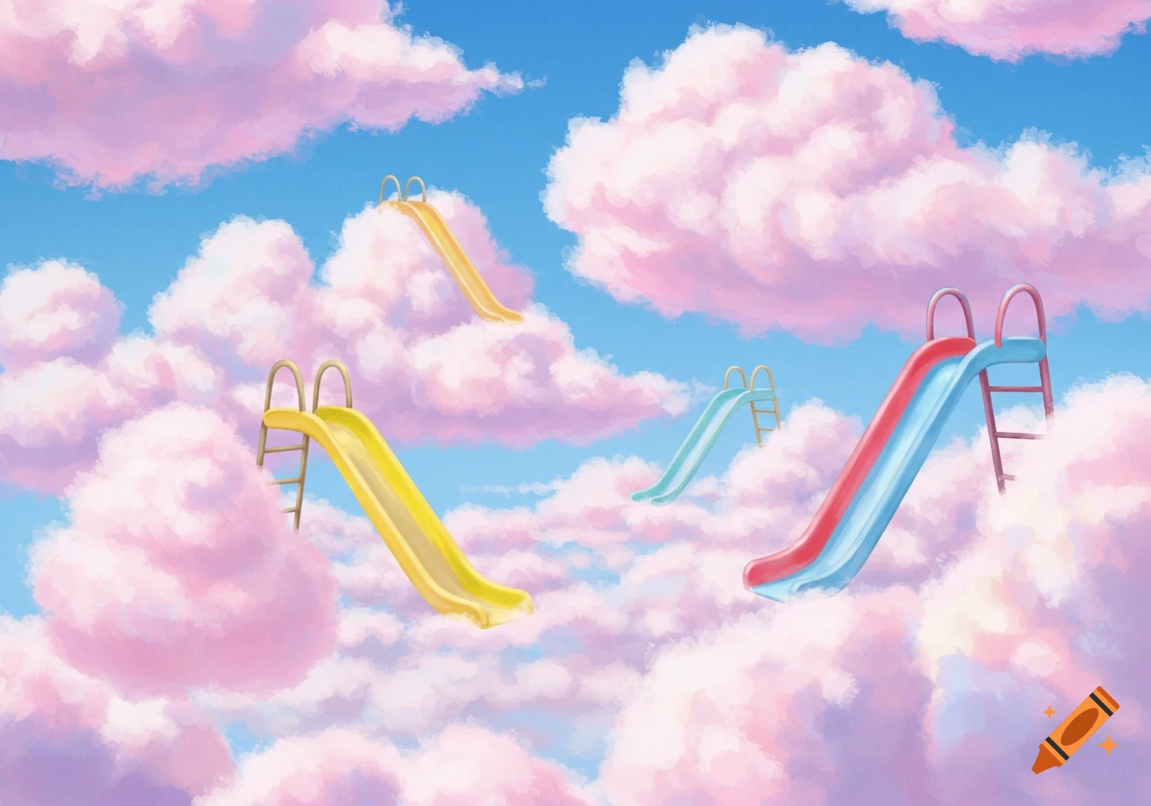 Colorful slides float among pink cotton candy clouds in a blue sky. on ...