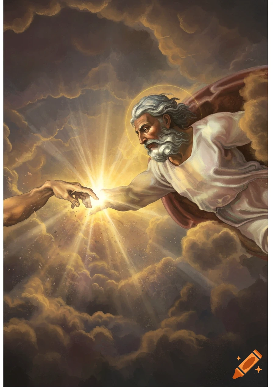 Painting of God and Adam reaching hands in the clouds with glowing ...