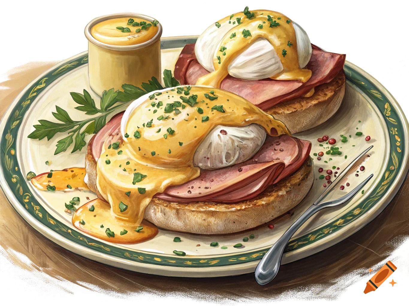 Digital illustration of Eggs Benedict on a plate with hollandaise sauce ...