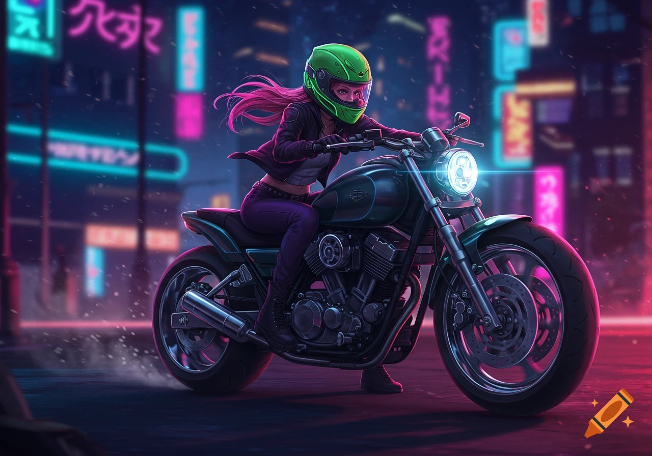 Anime girl in a helmet riding a motorcycle through a neon-lit city ...