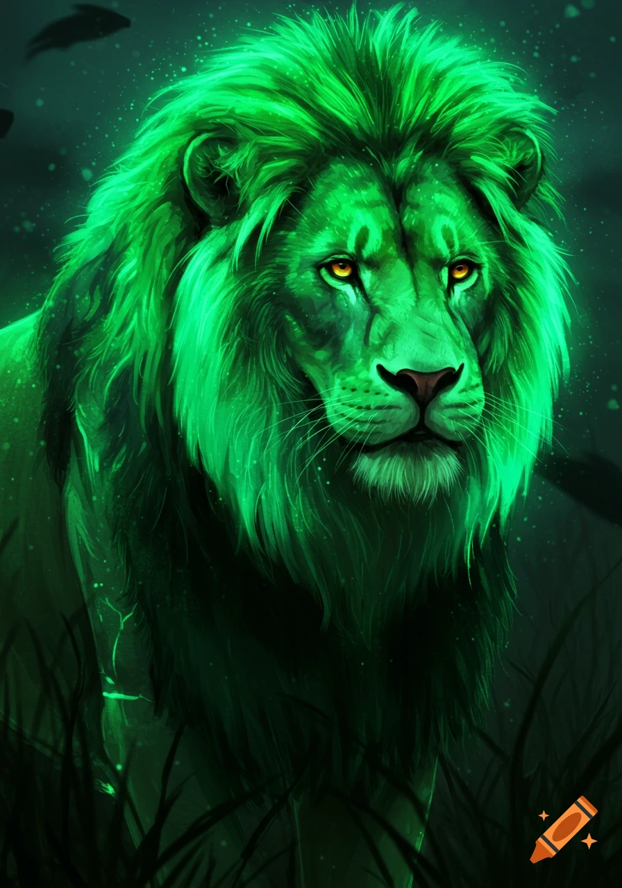 Portrait of a large male lion with glowing emerald green mane and fur ...