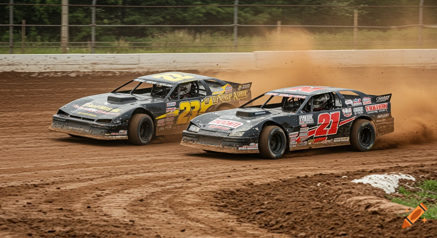 Two dirt race cars speed on a dirt track, kicking up dust. on Craiyon
