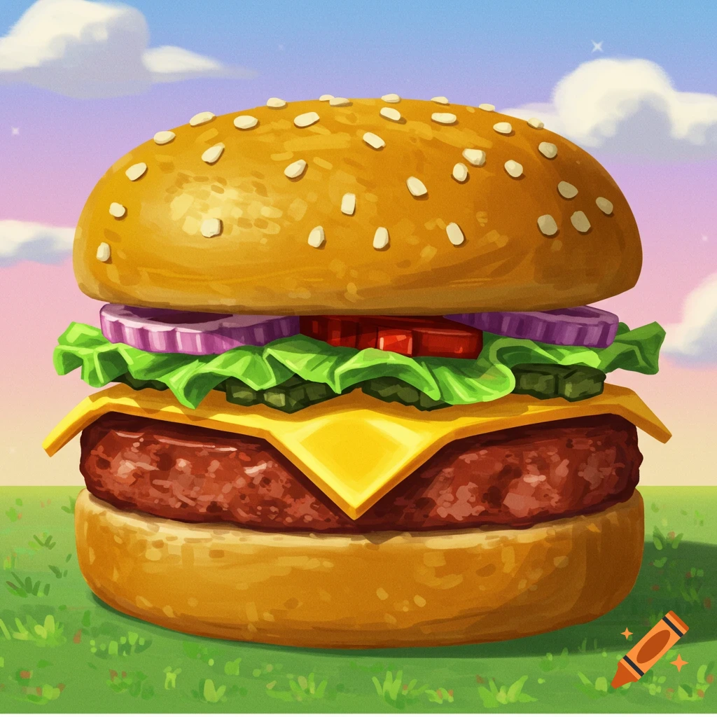 Stylized close-up of a large burger on grass under a sky with clouds ...