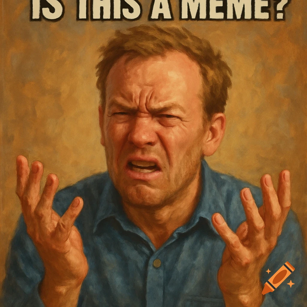 Illustrative painting of a frustrated man with raised hands under the ...