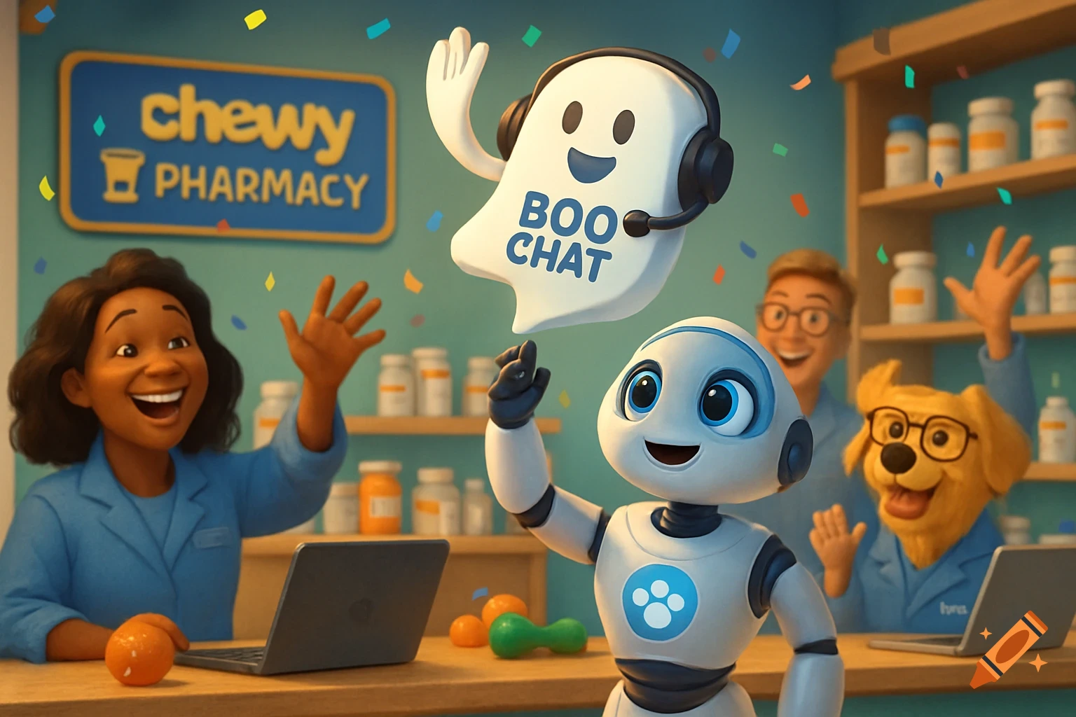 Cartoon robot, ghost, human, and dog characters wave in a Chewy ...