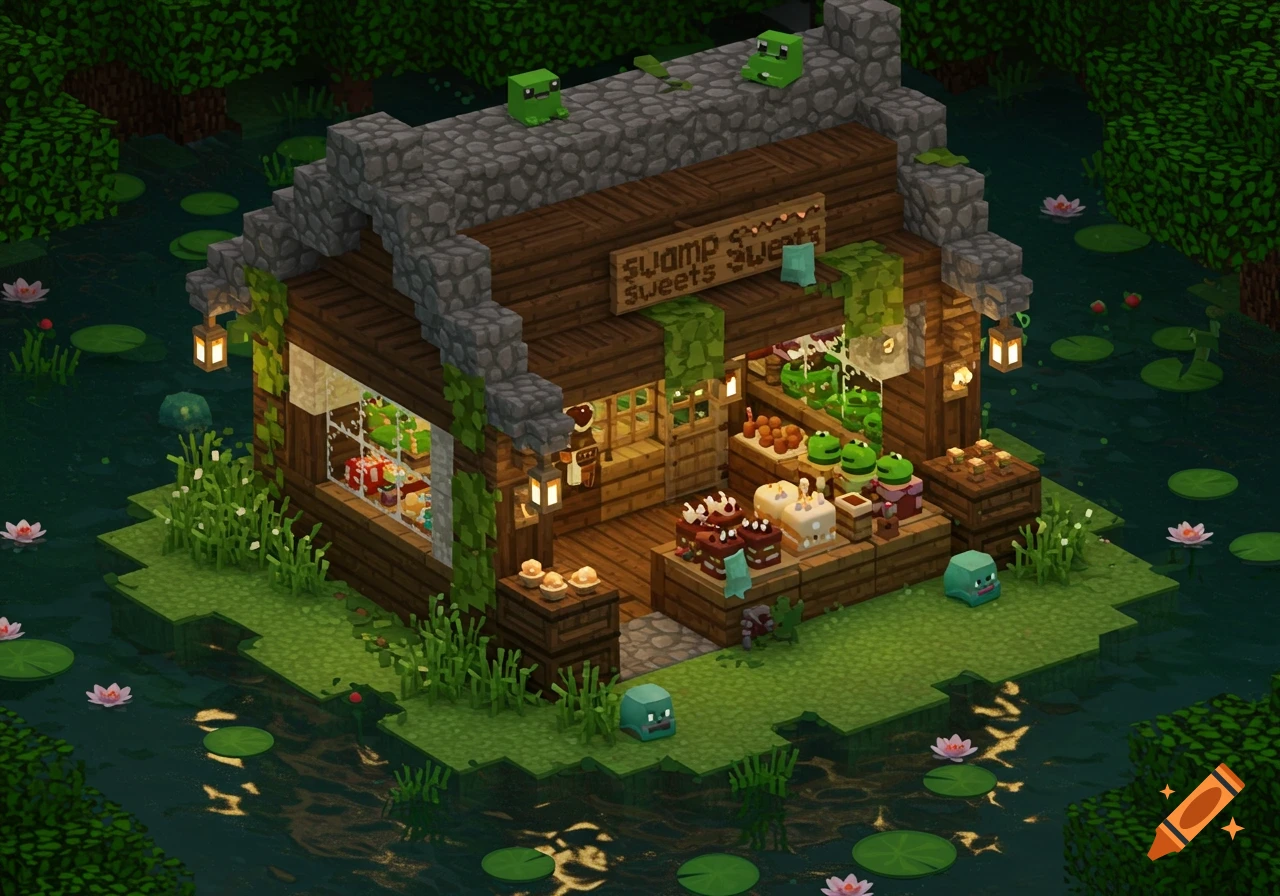 A minecraft-style isometric view of a swamp bakery with cakes, sweets ...
