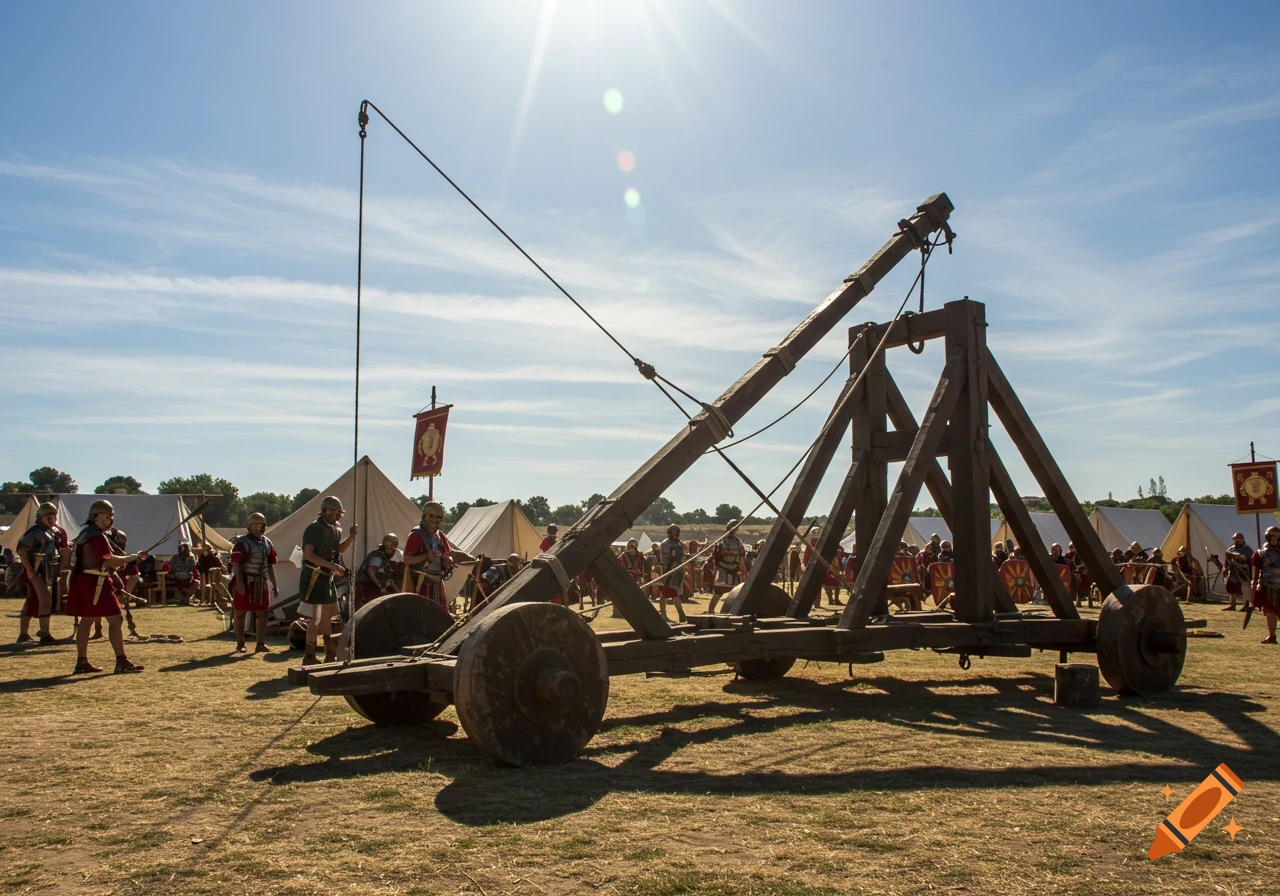 Roman catapult in a field with soldiers and tents under a sunny sky. on Craiyon