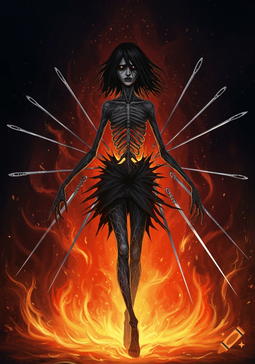 A gaunt figure with exposed ribs and glowing red eyes stands in flames ...