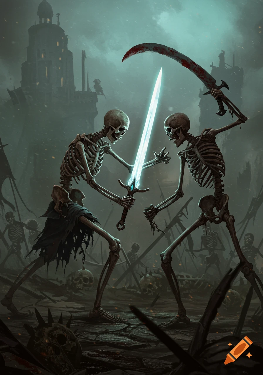 Two skeletons sword fighting in a dark, misty battlefield on Craiyon