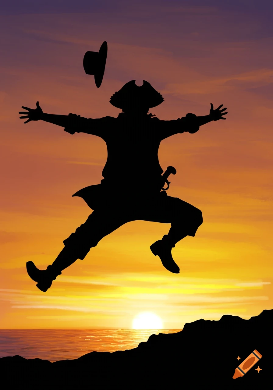 Silhouette of a pirate jumping against a sunset. on Craiyon