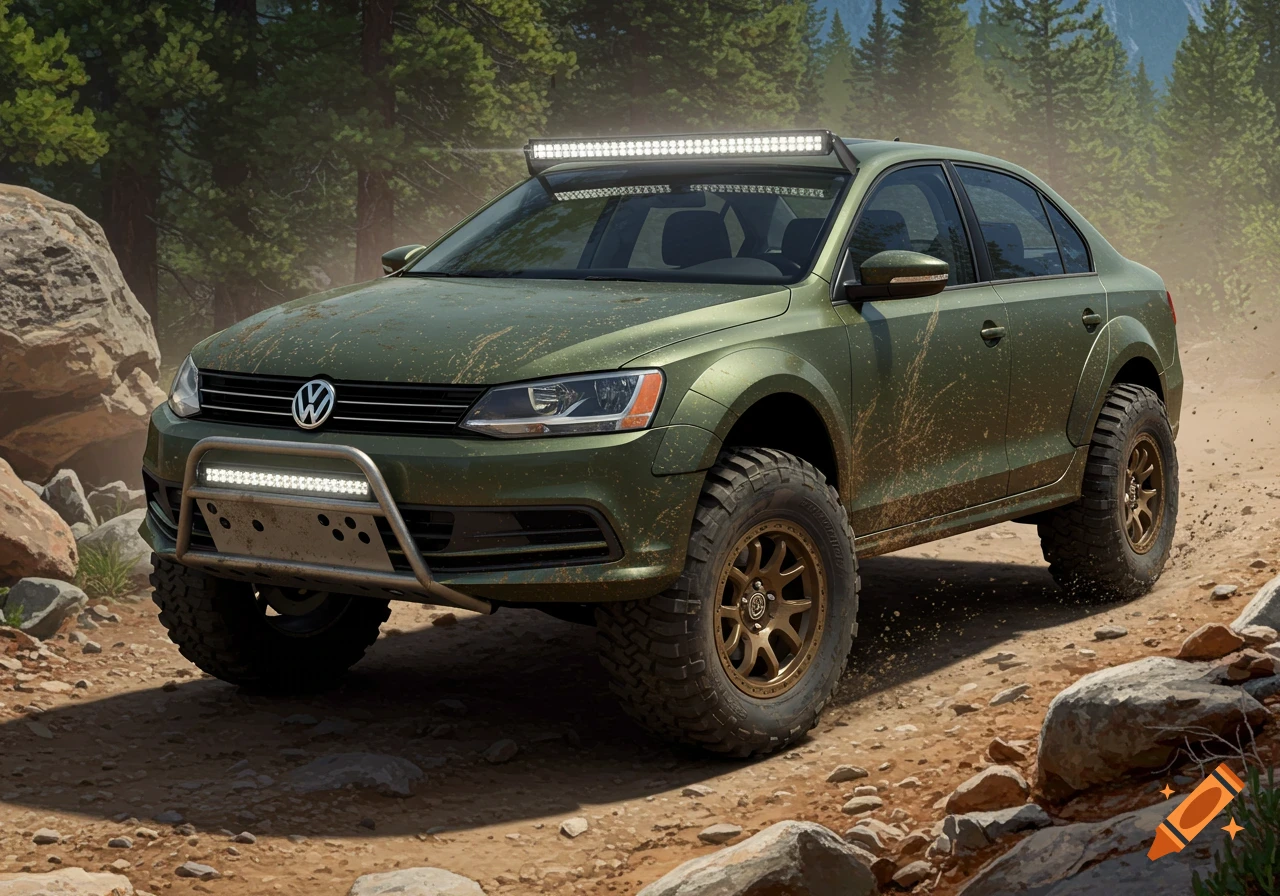 Green off-road modified Volkswagen Jetta on a dirt track on Craiyon