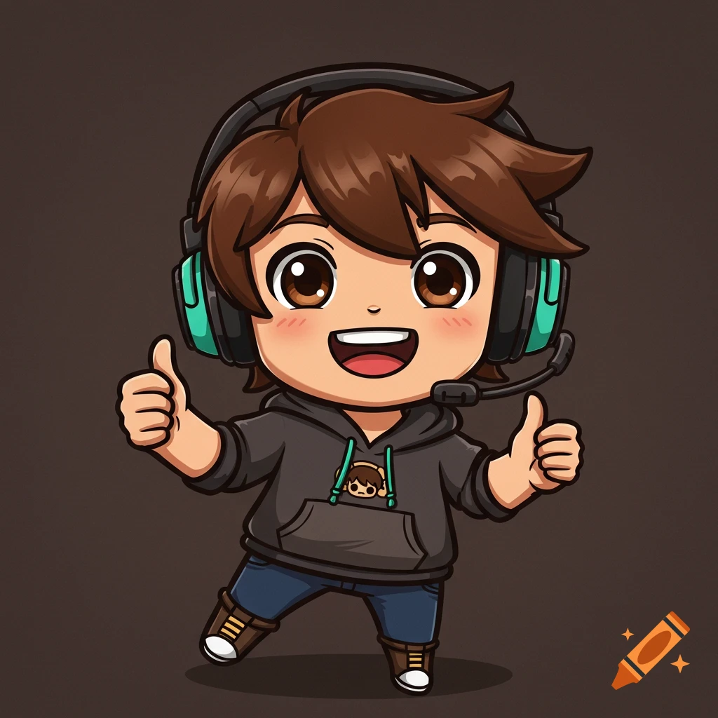 A cheerful chibi-style character wearing gaming headphones gives a ...