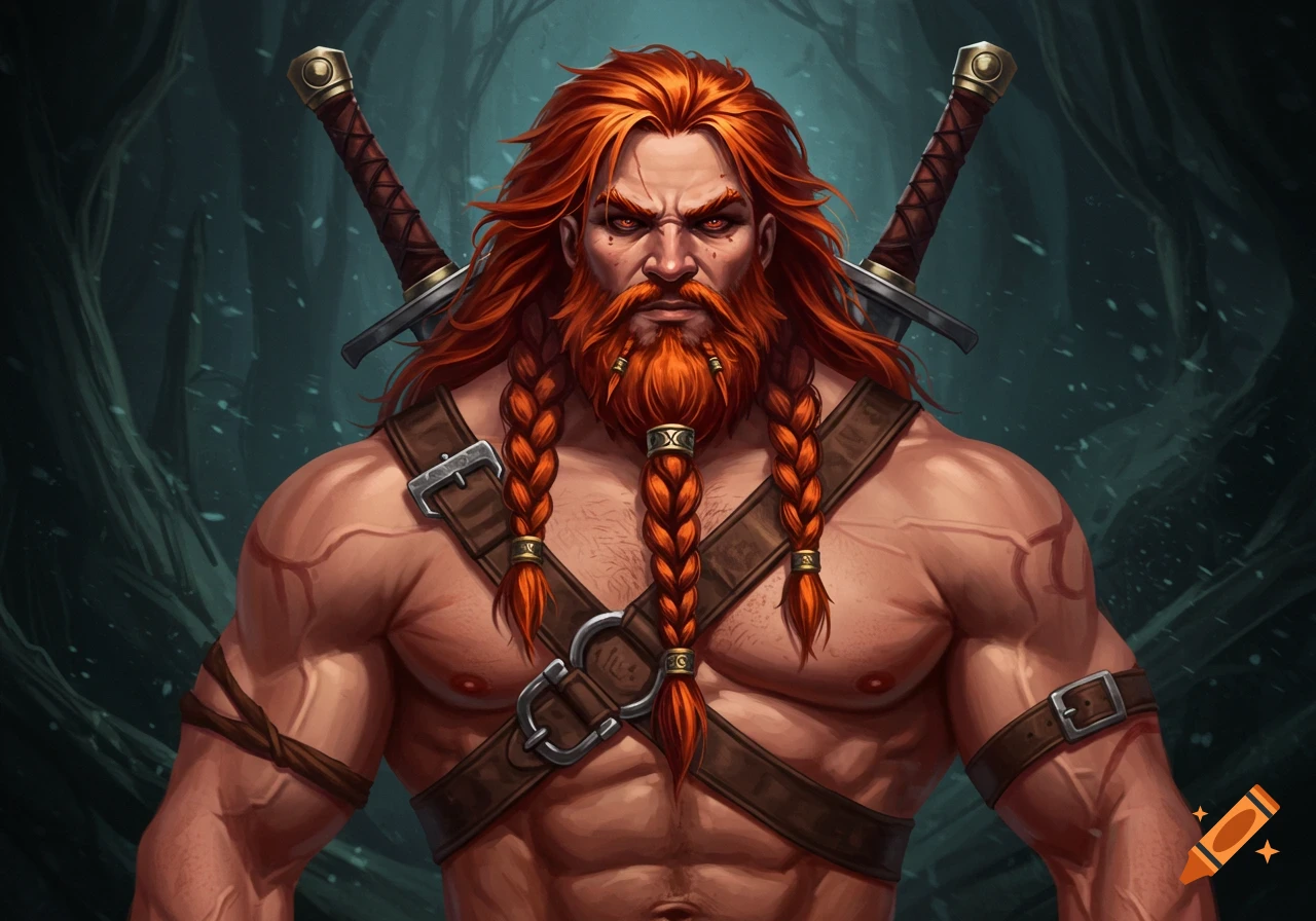 Fantasy illustration of a muscular man with red hair, braided beard ...