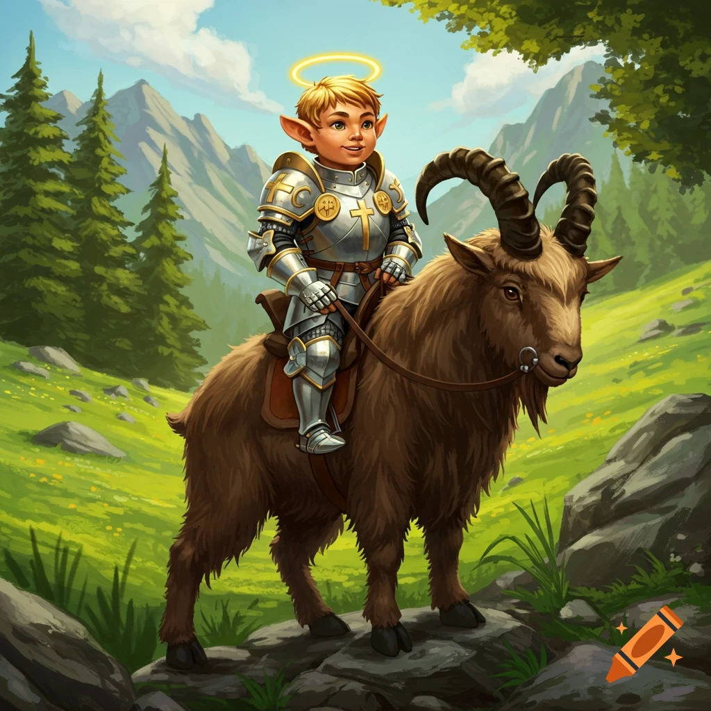 A fantasy illustration of a young halfling paladin with a halo riding a ...