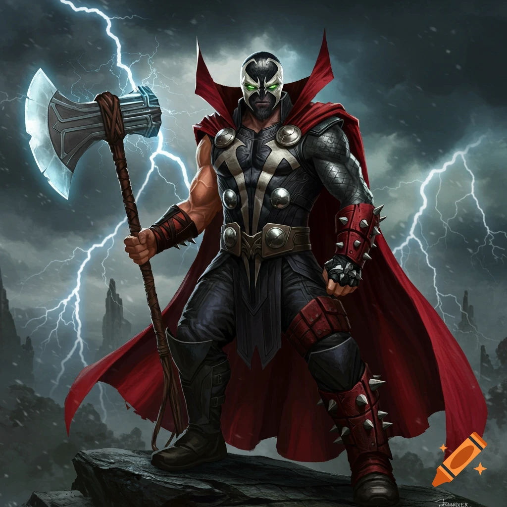 Superhero hybrid character in armor and cape holding a large axe under ...