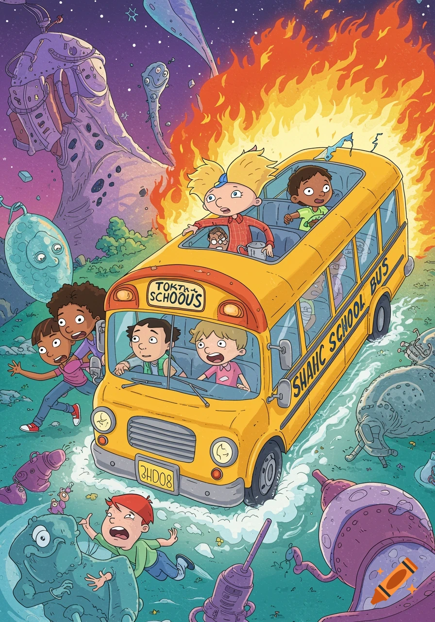 Cartoon kids on a flying school bus escape chaos and strange creatures ...