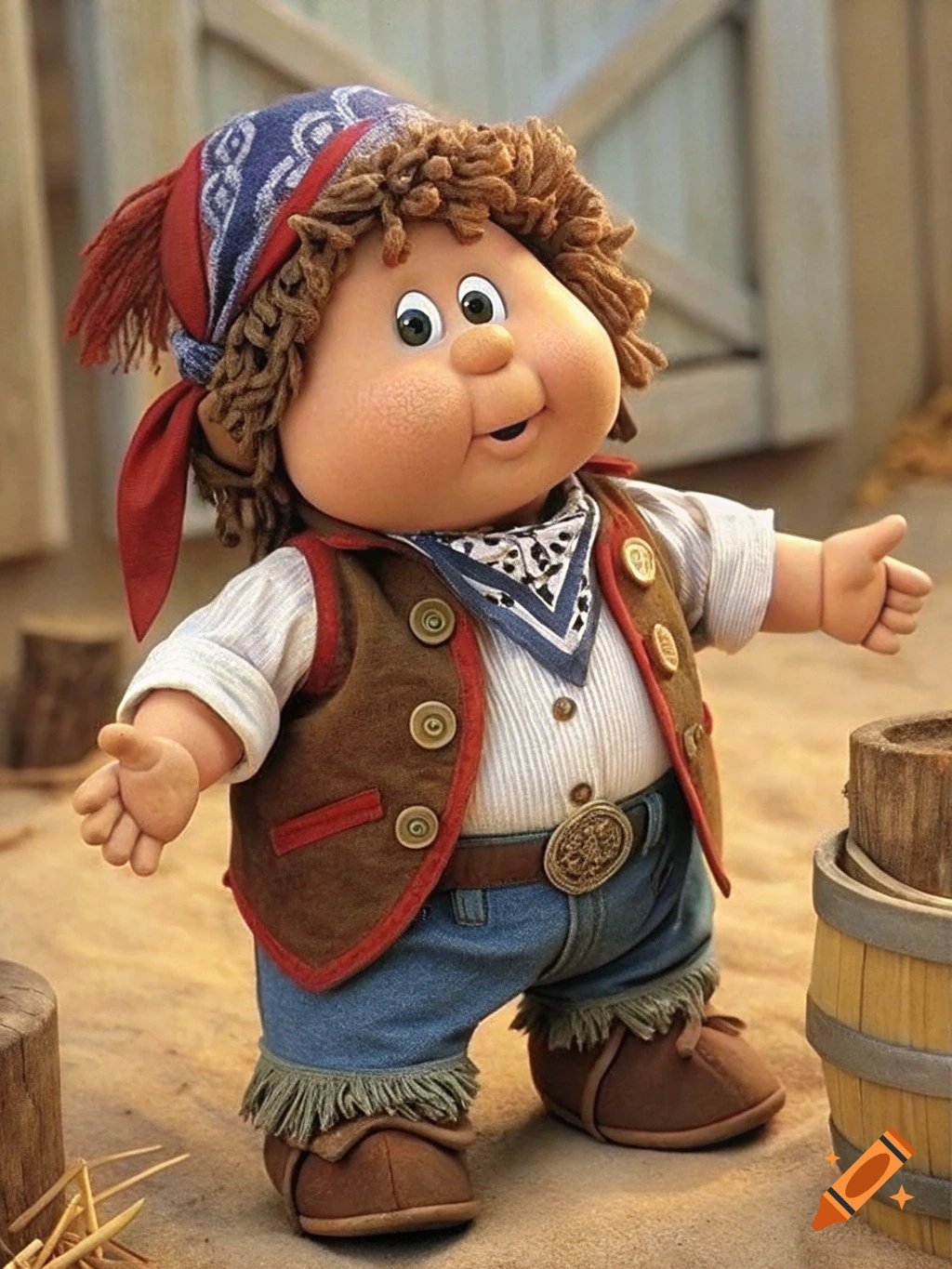 A Cabbage Patch Kid-style doll dressed as an outlaw cowboy stands ...