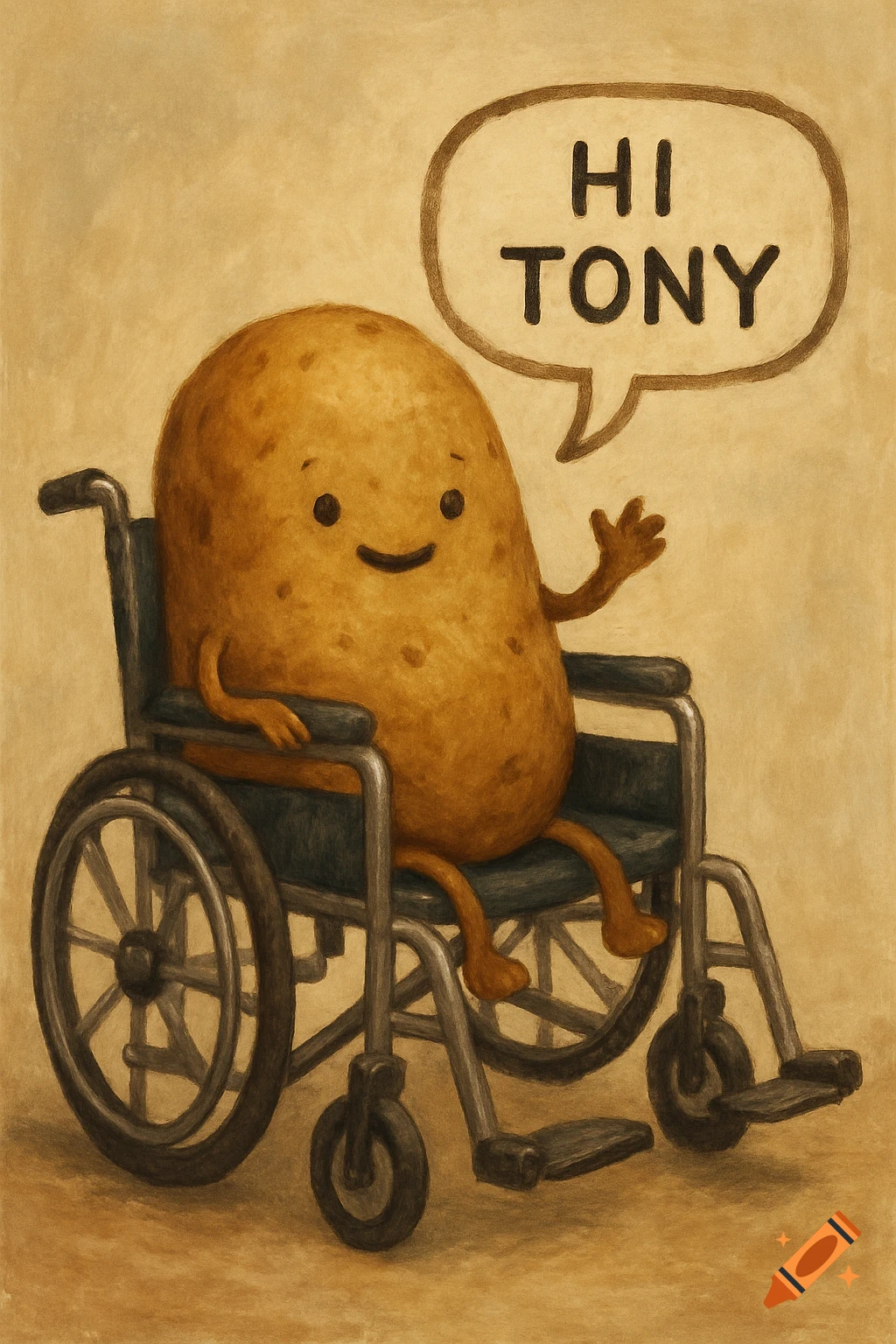 Painted illustration of a friendly cartoon potato in a wheelchair ...