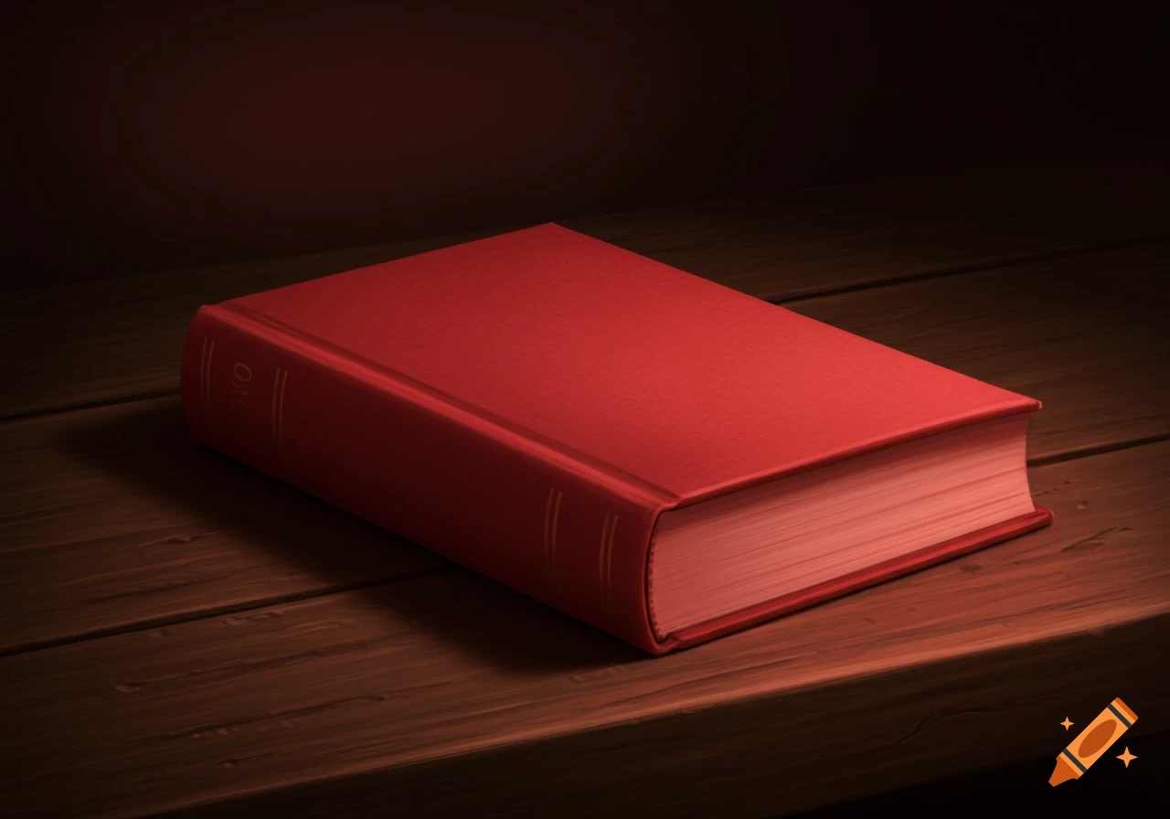 A closed red book on a wooden table on Craiyon