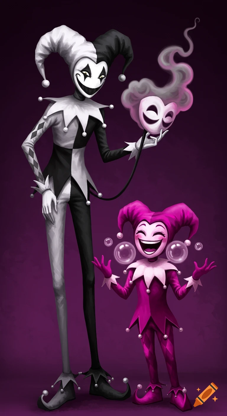 A tall jester holds a mask next to a small, happy jester with bubbles ...