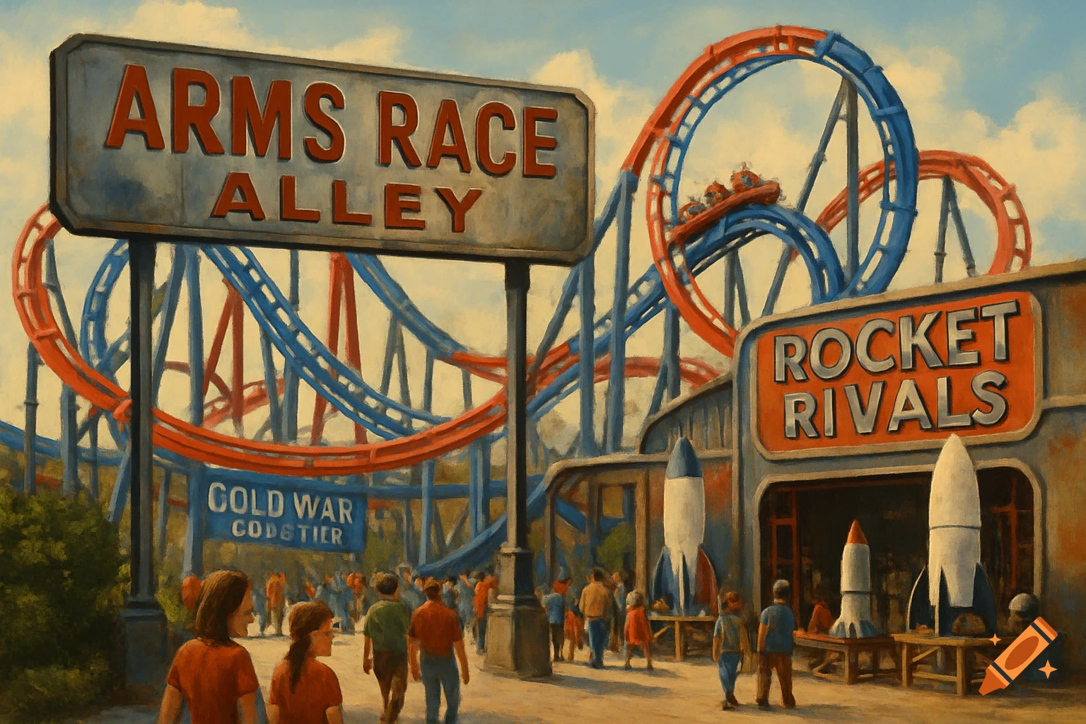 Painted scene of a theme park with a roller coaster, signs for 'Arms ...