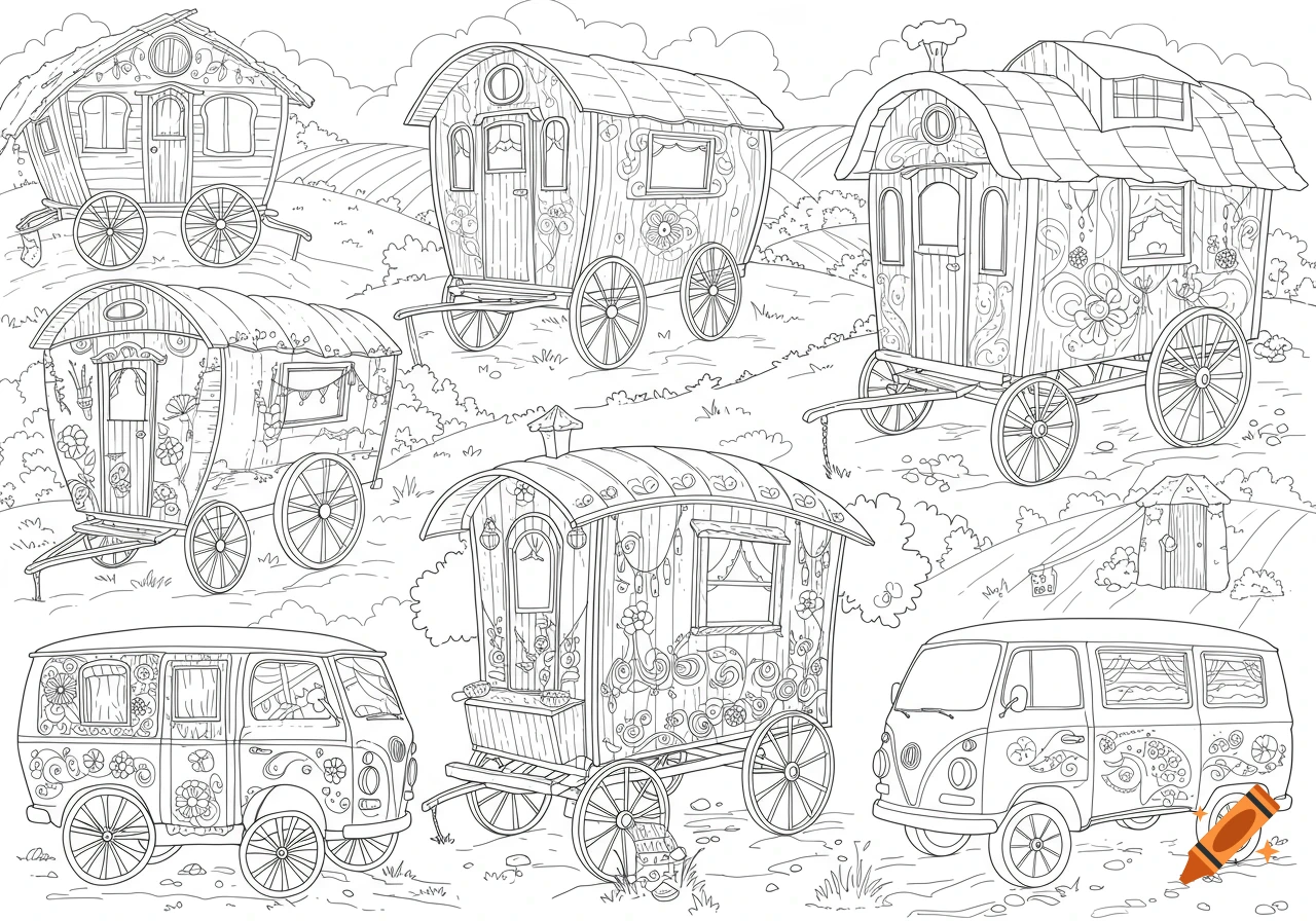 Line art illustration of several stylized bohemian caravans and vans in ...