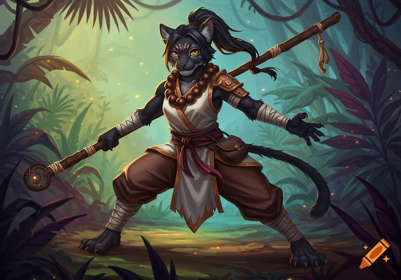 A black feline humanoid character, dressed as a monk/fighter, holds a ...
